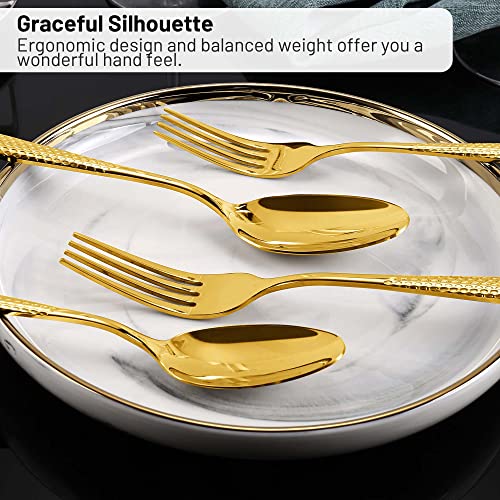 Gold Silverware Set for 8, Hammered 40-Piece Stainless Steel Flatware Cutlery Set,Modern Kitchen Utensils Tableware Set Includes Dinner Knives/Forks/Spoons,Mirror Polished Dishwasher Safe