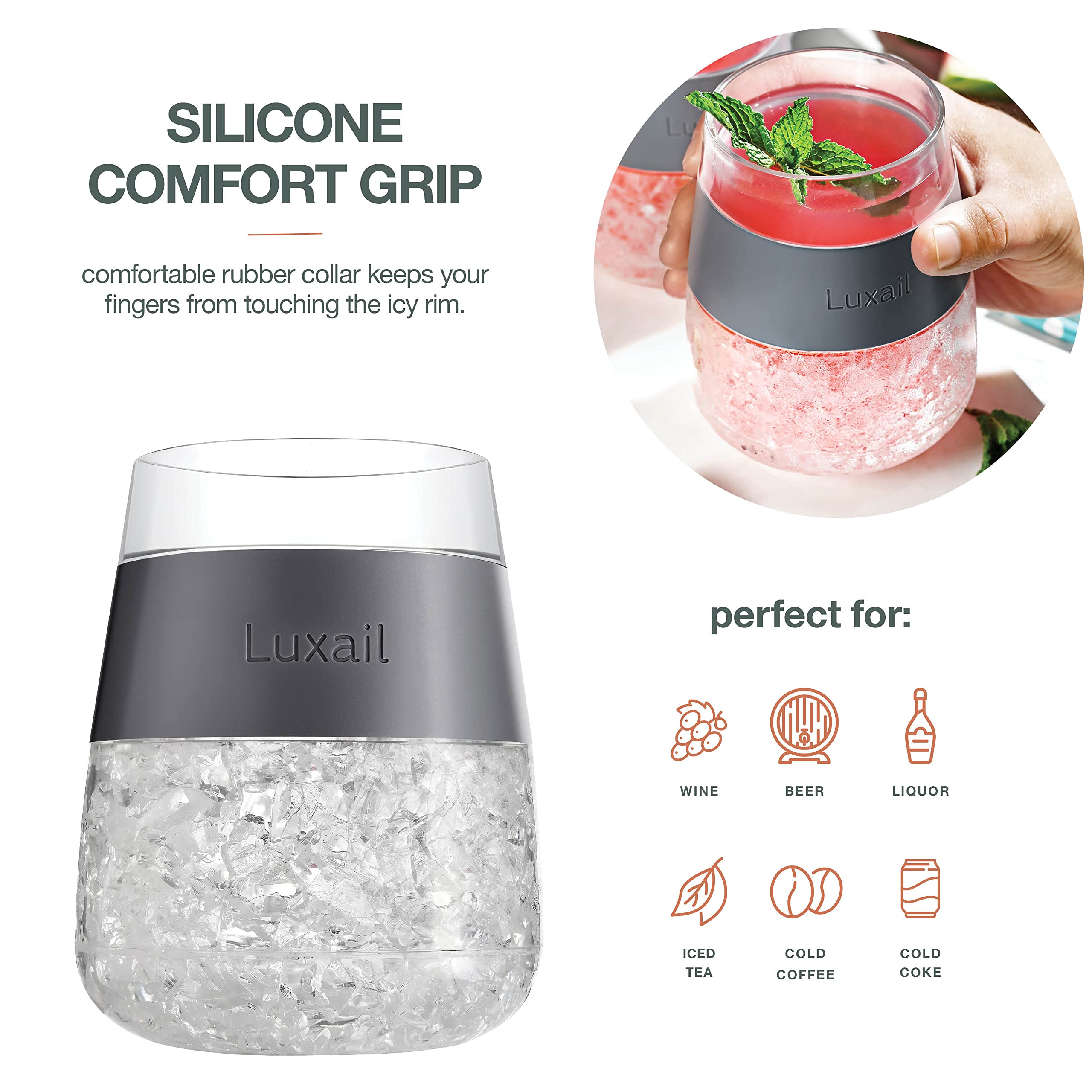 Freezer Wine Cups, Set Of 2, Grey, Plastic Double Wall Insulated Wine Cooling Glasses, Freezable Drink Mug Tumbler with freezing Gel, Wine glasses for Red and white Wine, 8.5 Oz Gift Essentials