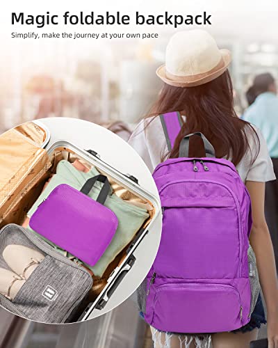 MULISOFT 30L Foldable Hiking Backpack, Lightweight Camping Backpack for Outdoor, Travel, Water-Resistant day backpack for Men & Women, Multifunctional Daypack with 8 Compartments, Purple