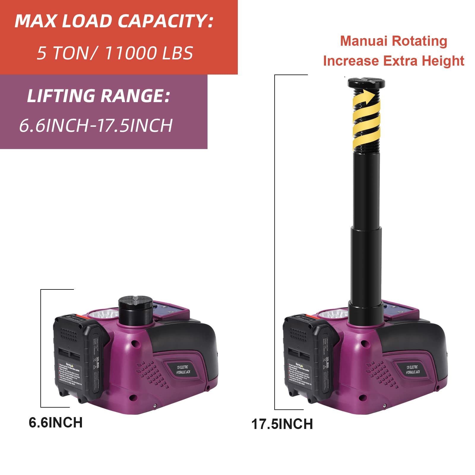 TYAYT Electric Car Jack Kit, 5 Ton Cordless Hydraulic Car Jack, 12V Portable Car Jack with LED Light for SUV MPV Sedan, Lifting Range 6.6 to 17.5 Inch(Purple)