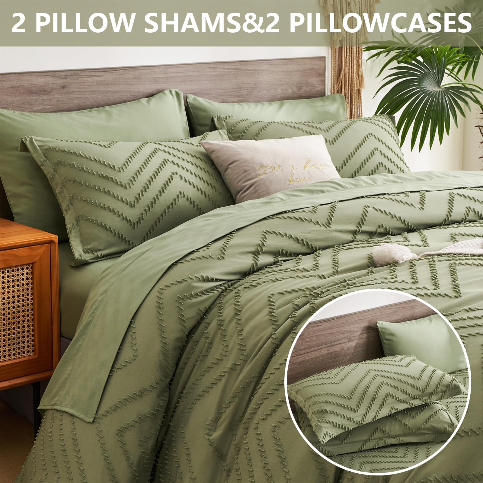 FLYMME Sage Green Queen Comforter Set with Sheets,Tufted Bed in a Bag 7 Pieces, Chevron Boho Shabby Chic Farmhouse Bedding Set,Soft Microfiber Comforter for ALL Season(Sage Green,90”*90”)
