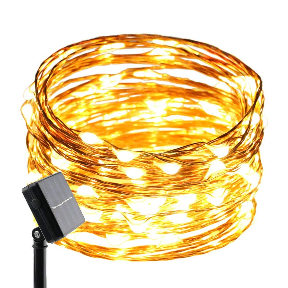 ErChen Solar Powered Copper Wire Led String Lights, 33FT 100 LEDs Waterproof 8 Modes Decorative Fairy Lights for Outdoor Christmas Garden Patio Yard (Warm White)
