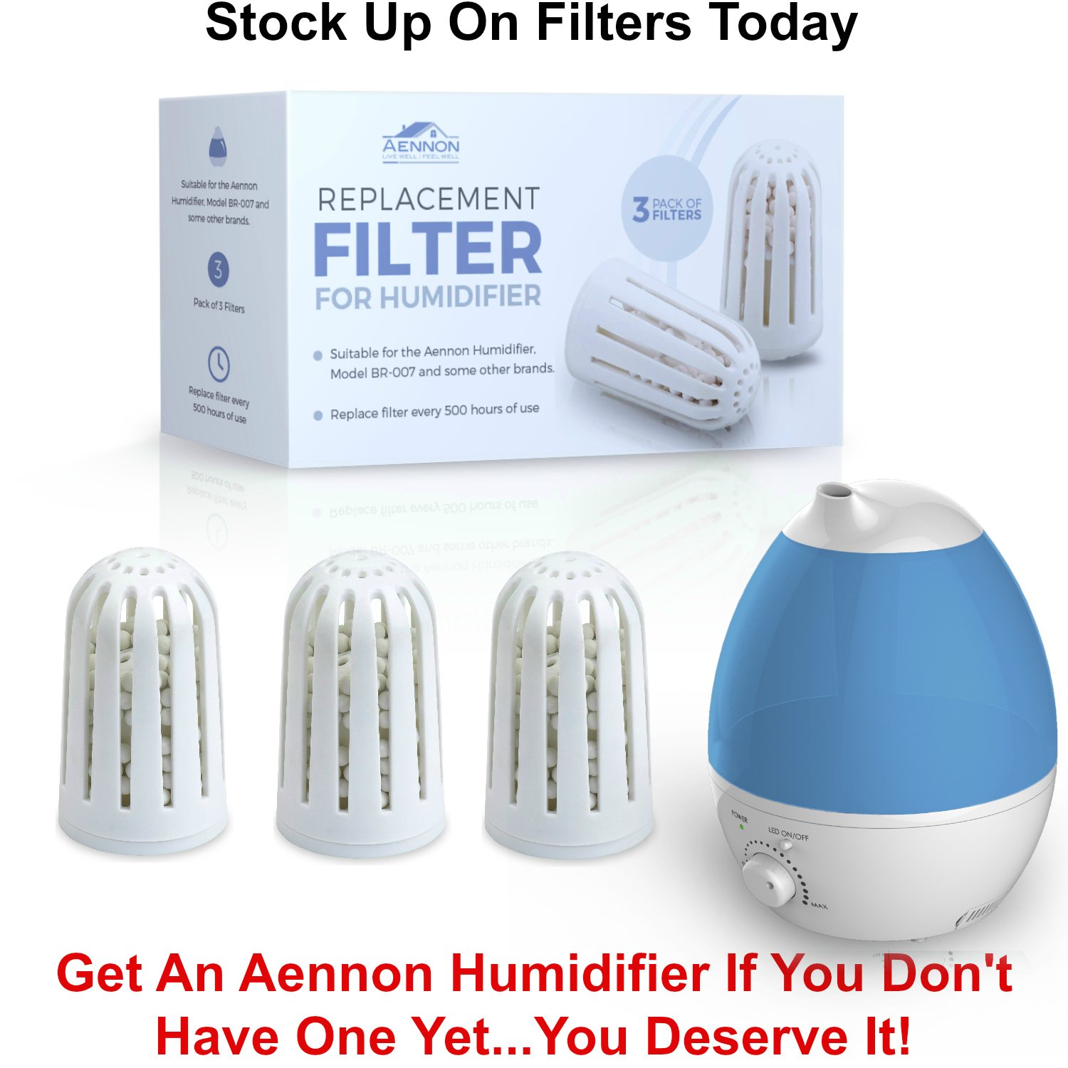 Fits Most Ultrasonic Humidifier Replacement Filters for Home, Cool Mist Demineralization Cartridges, Ceramic Filter Stone Material, 3 Pack, 6 Months Each - Aennon