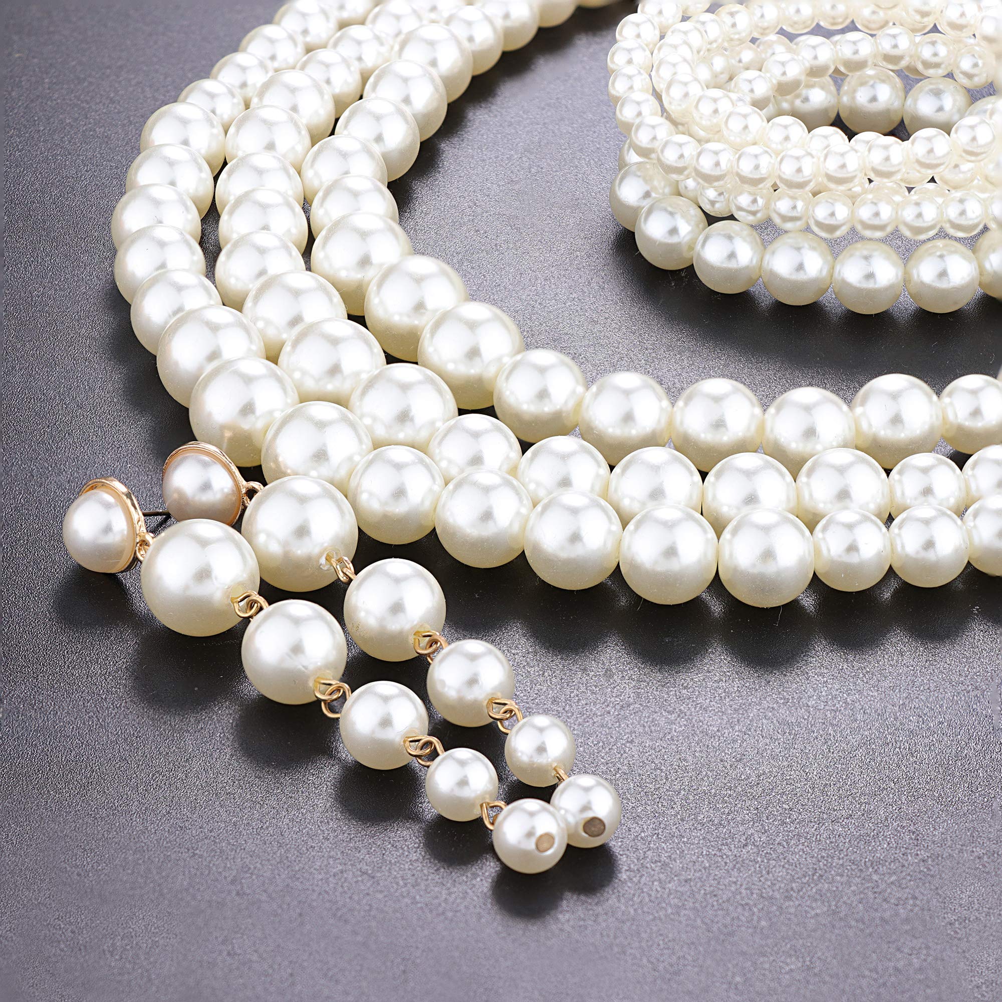 FINREZIO Women's Faux Three Multi-Strand Pearl Necklace Long Pearl Dangle Earrings and Bracelet Jewelry Set for Women