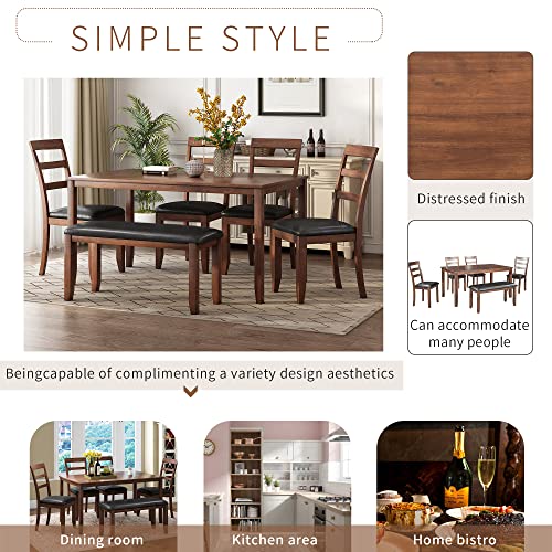 ODC 6-Piece Dining Set, Wooden Rectangular Kitchen Table with Bench and 4 Padded Chairs w/Fabric Cushion, Family Furniture for Six People, 7-Espresso