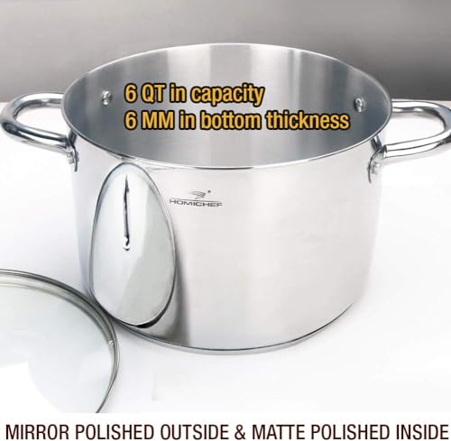 HOMICHEF Stock Pot 6 Quart Nickel Free Stainless Steel - 6 Quart Pot With Lid and Handle - 6Qt Saucepan With Lid - Soup Pot Small Cooking Pot 6 Quart - 6 Qt Pot With Glass Lid - Induction Pot With Lid