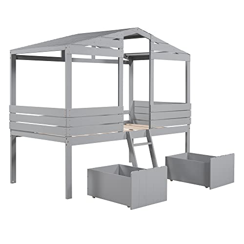 Merax Twin Kids Wood Low Loft House Bed with Drawers and Ladder Loft Bunk Bed for Juniors,Boys, Girls,No Box Spring Needed, Gray