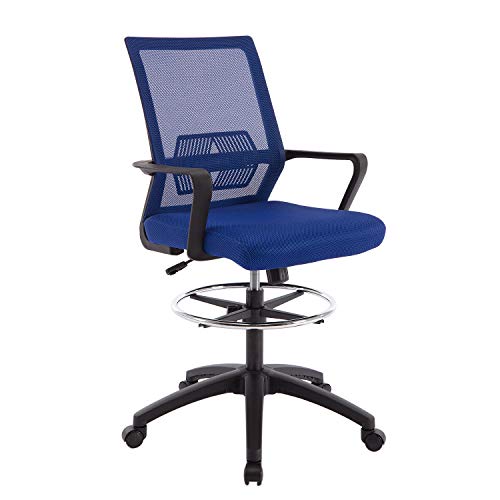 Ergonomic Mesh Office Drafting Chair - Adjustable Height with arms, Tall Office Computer Reception Desk Chair (Blue)