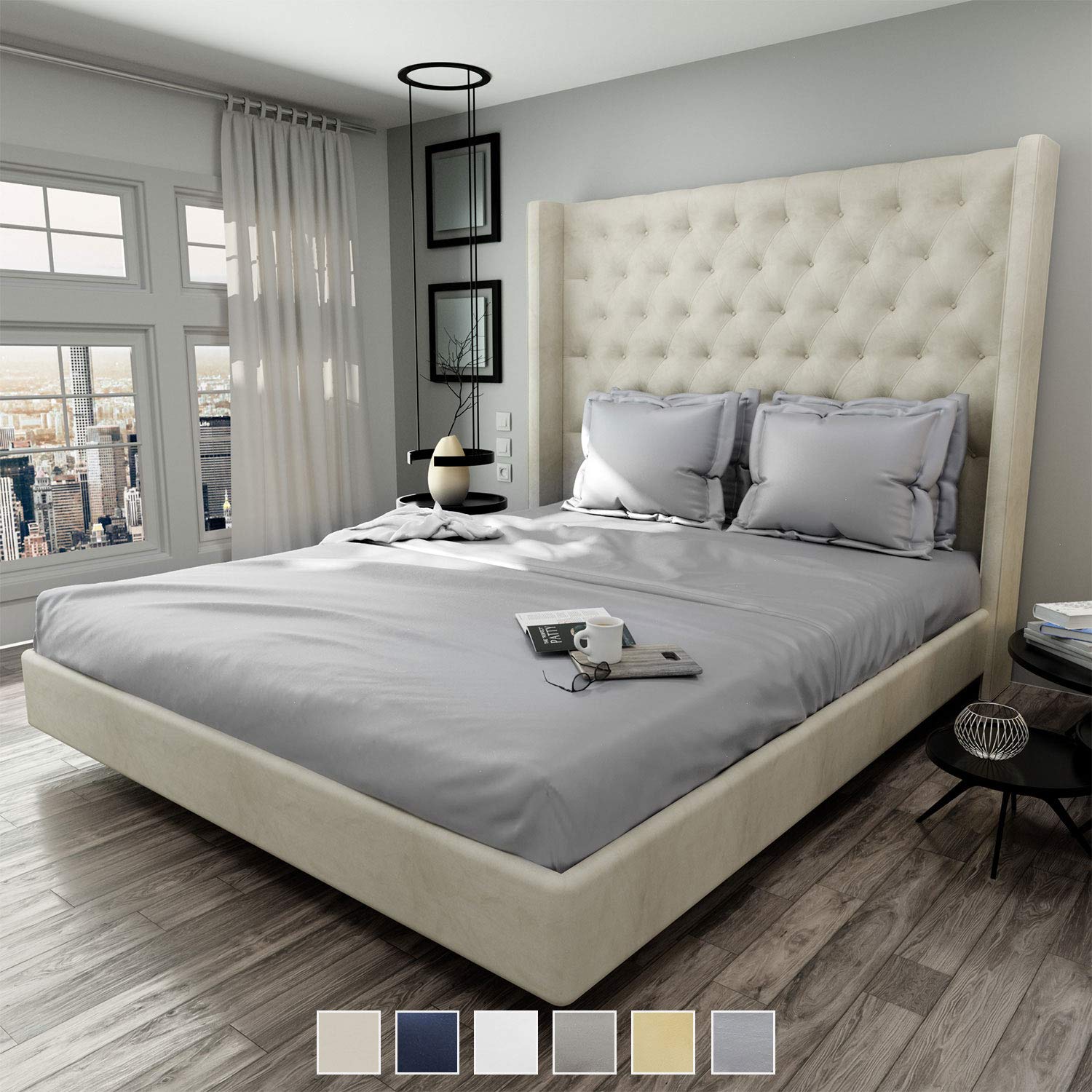 Fisher West Newyork Liberty, Sheets for Queen Size Bed, 750 TC Bedsheets with Pillow Covers for Bedroom Décor, TightFit Elastic Pocket 17" Wrinkle, Fade Resistant Fitted Sheet Set (Light Grey, 6 Pcs)