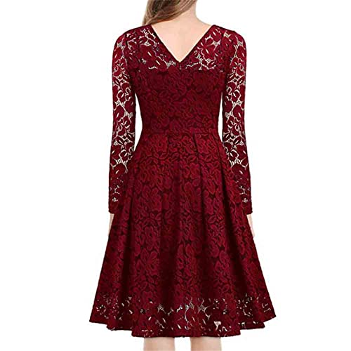Flower Lace Swing Dress for Women Solid Color Splicing A-Line Dress Long Sleeve Deep V-Neck Loose Midi Dress