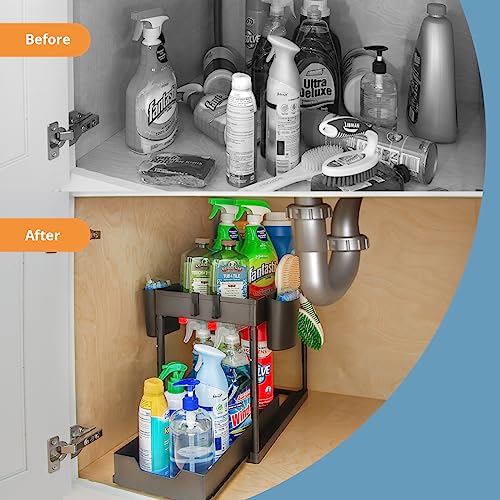 evismo 2-Tier Under Sink Organizer, Bathroom & Kitchen Multipurpose Cabinet Storage, with Pull-out Sliding Drawer, Hooks & Hanging Cups, Adjustable Height, Cabinet Organizer, Black