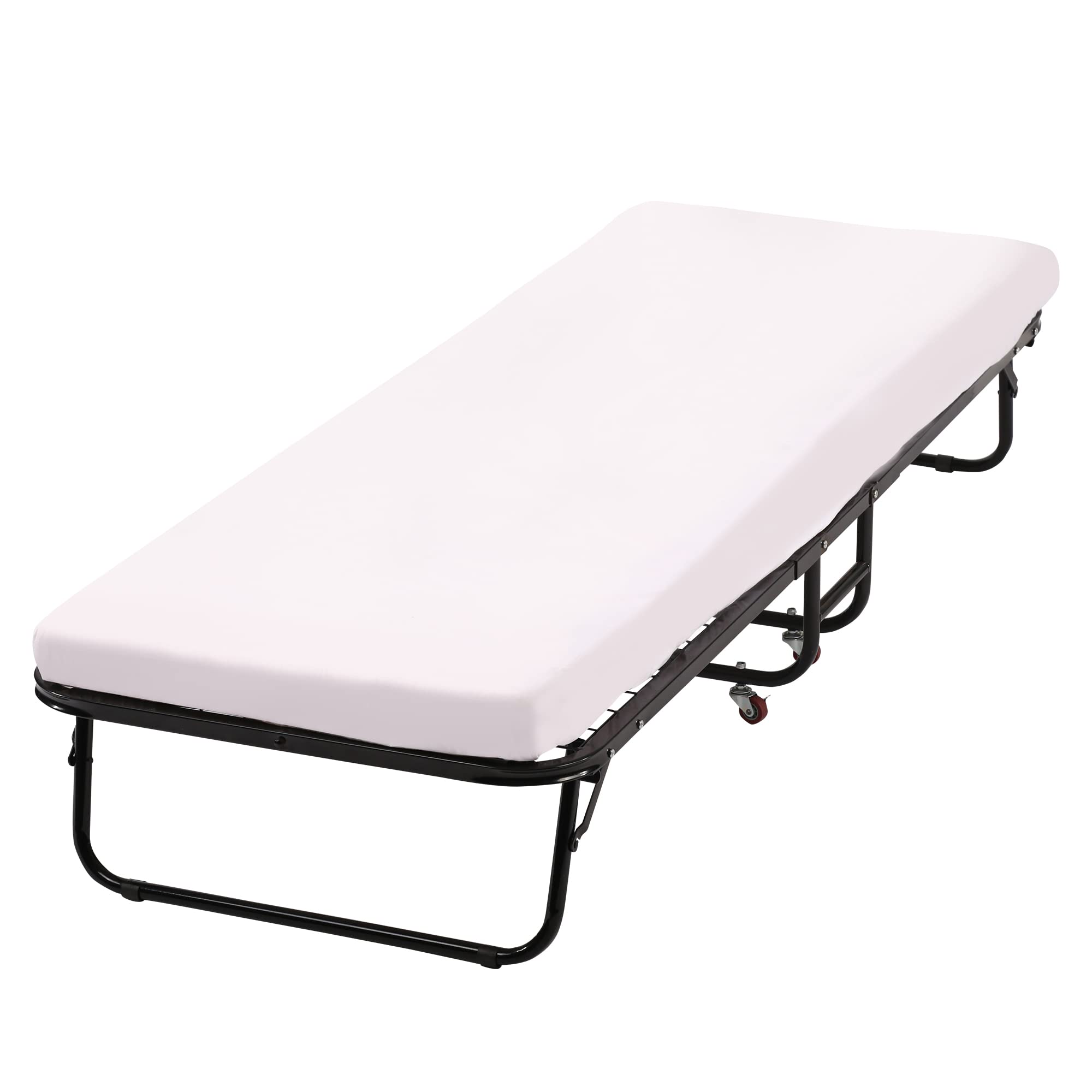 Folding Guest Bed with Wheels Guest Beds Portable Beds Extra Roll Away Foldaway 3.9 Inch Comfort Foam Mattress Strong Sturdy Frame Heavy Duty L75*W30*H12 Inches,White
