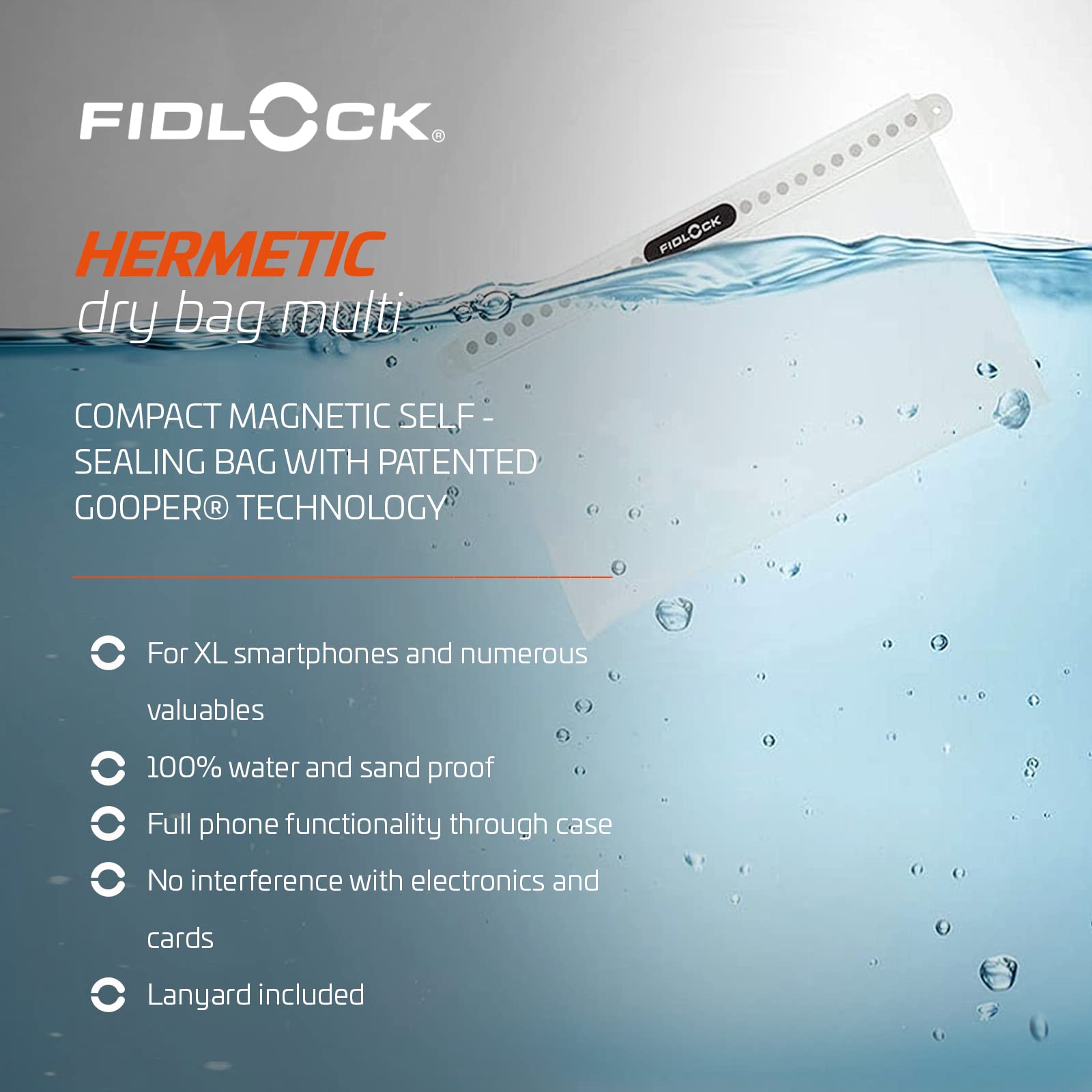 FIDLOCK Hermetic Dry Bag Multi - Flexible Magnetic Self-Sealing Bag for Cellphone | 100% Waterproof and Sand Proof - Practical Size with a Large Opening, with Lanyard included - Fabric Black