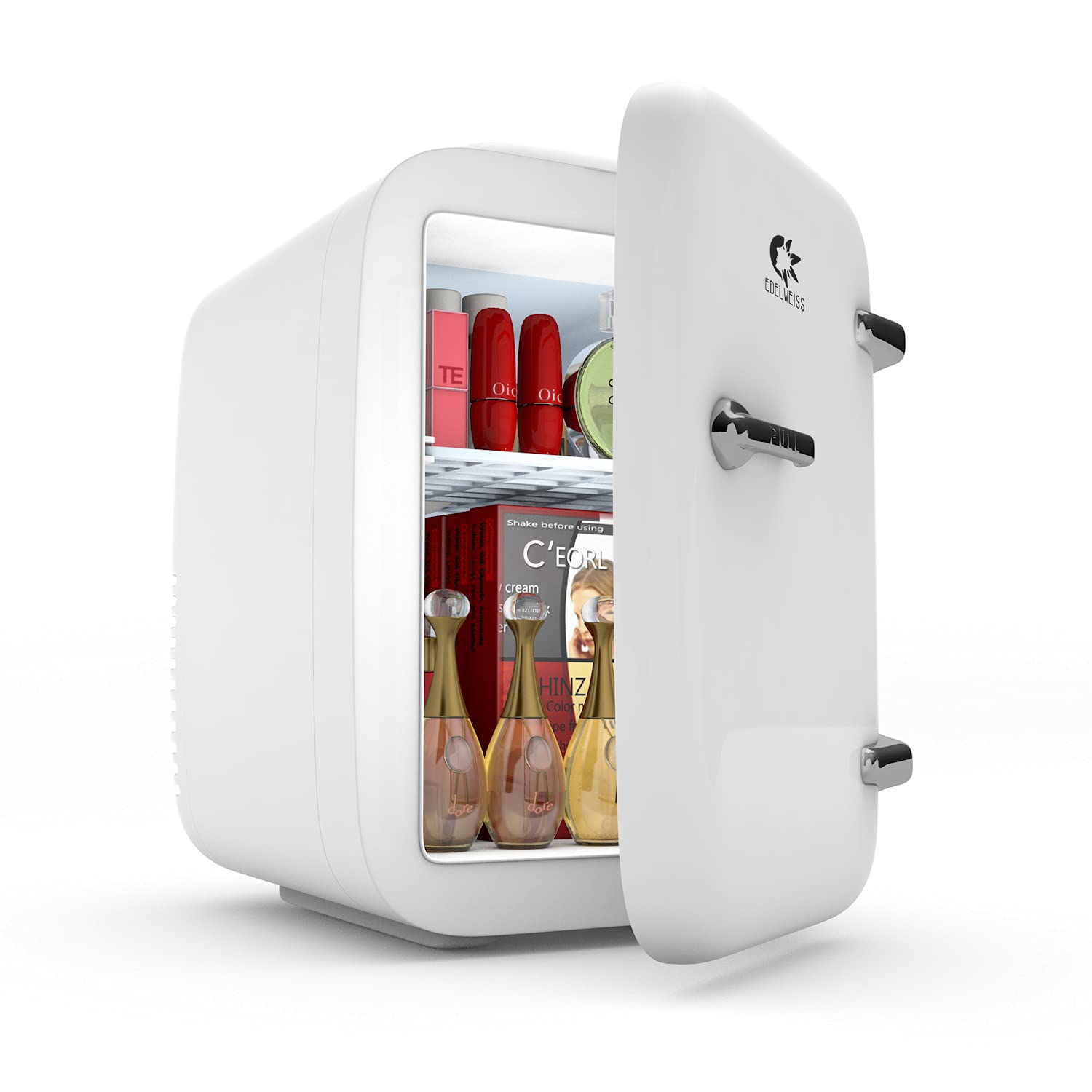 EDELWEISS Skincare Fridge, Mini Fridge for Bedroom, Makeup Refrigerator, Tiny Cosmetic Beauty Fridge, Desk Fridge for Office, Small Breastmilk Fridge, Portable Design with Handle, 4 Liter/6 Can