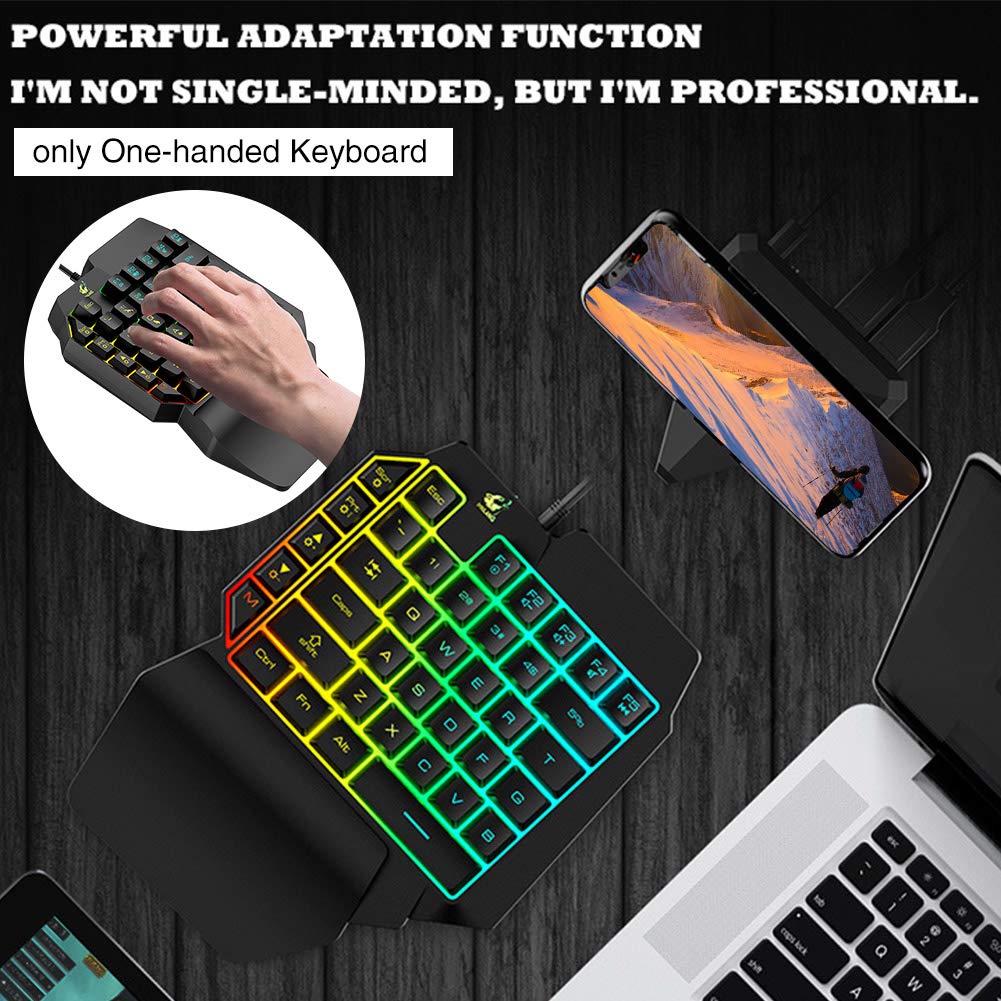 Ergonomic One-Handed Wired Mouse Gaming Keyboard Set for Mobile Phone - LED Backlight Glow Single Hand Mechanical Feeling Keyboard