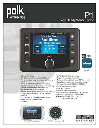 Polk Ultramarine P1 App Ready|Bluetooth| Waterproof Marine Stereo, 4.3" Color TFT Display, 200 Watts Maximum Power Handling (50W x 4), Compatible with iPod/iPhone via Bluetooth (Renewed)