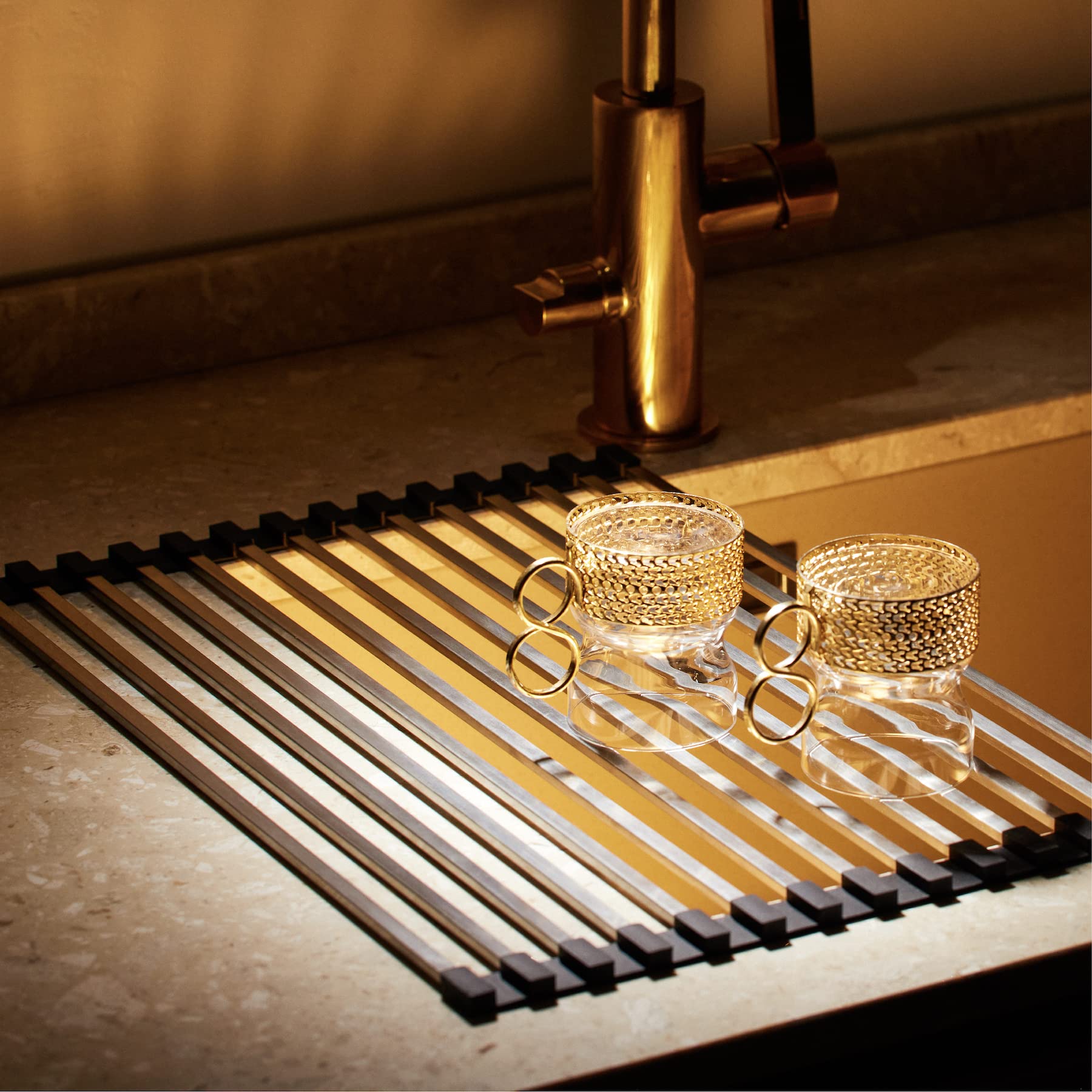 Happy Sinks Roll Up Dish Drying Rack - Foldable Stainless Design for Maximizing Kitchen Space - Over Sink Rack - Stainless Steel Over Sink Dish Drainer 18.1" x 12.6" - Drying Rack Kitchen (Steel)