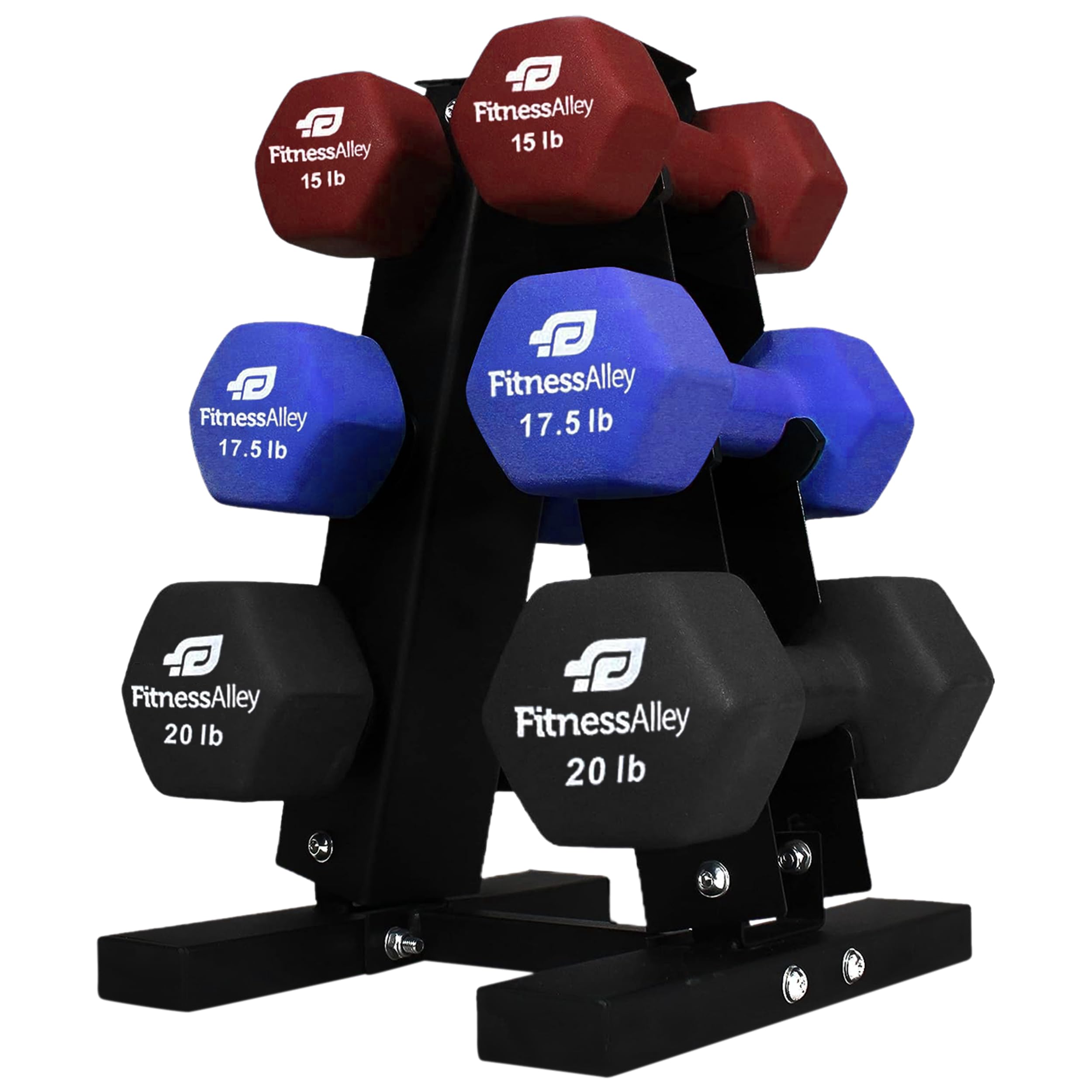 Fitness Alley Neoprene Dumbbells A Frame Rack - Free Weights Hex Hand Weights - Gym Exercise 5 Pairs Set (3lb, 5lb, 8lb, 10lb, 12lb) with 5 Tier Rack