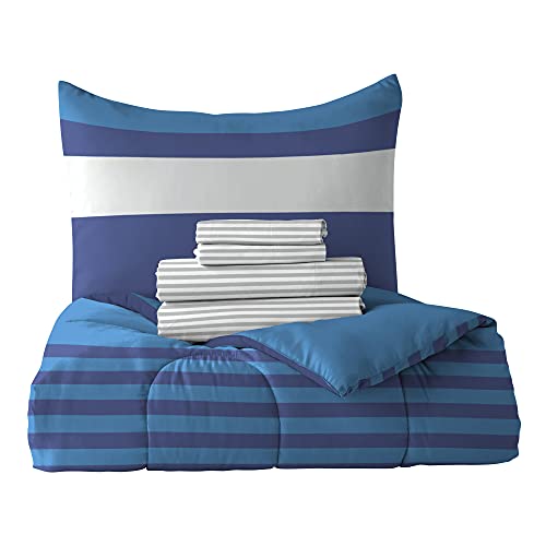 Dream Factory Kids 5-Piece Complete Bed Set Easy-Wash Super Soft Microfiber Comforter Bedding, Twin, Blue Rugby Stripe, (2D872701BL)