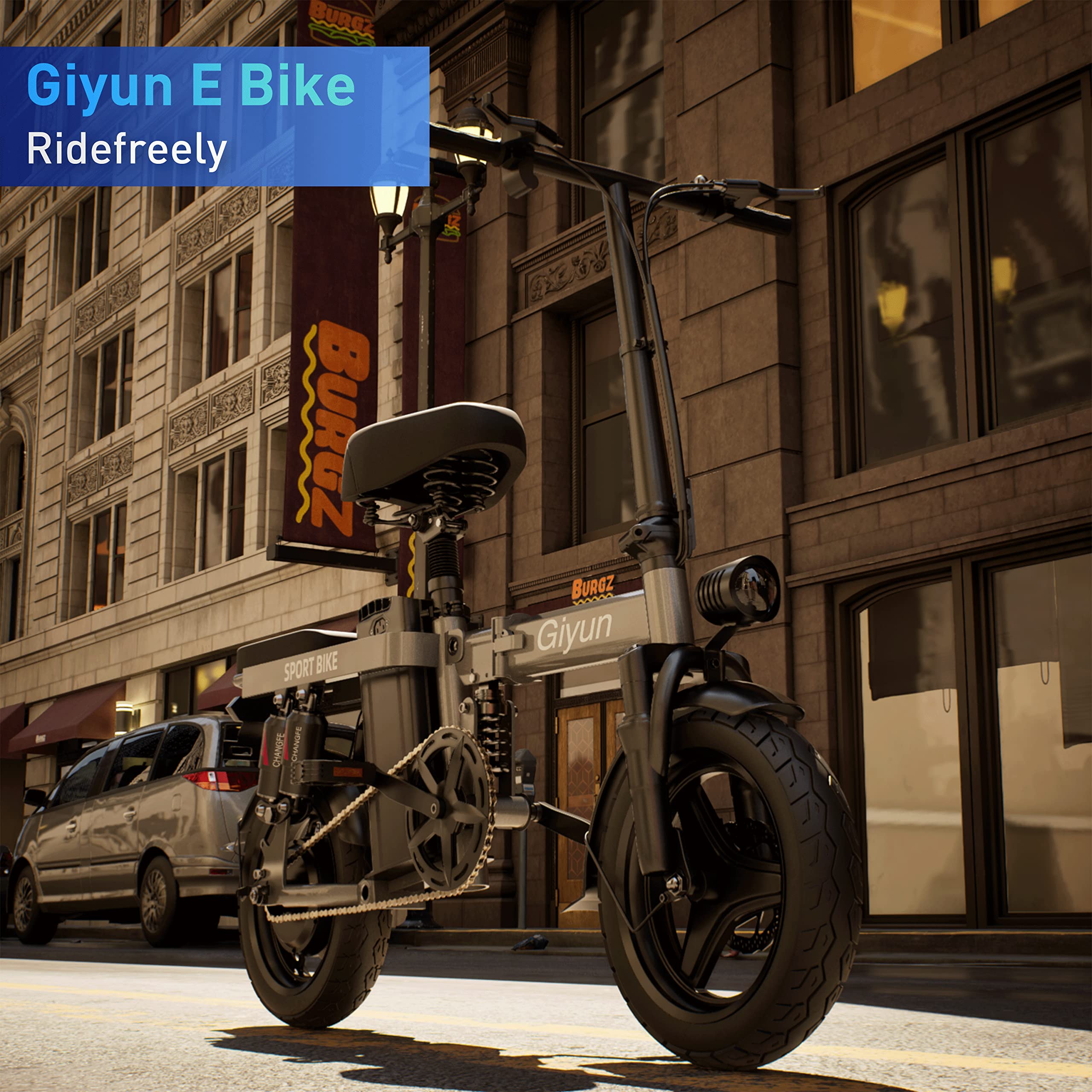 Giyun Folding Electric Bikes for Adults 350W, max 21.74MPH 14" Fat Tire Mini Ebike Snow Beach Mountain Commute EBike 48V12.5AH Removable Battery with 5 Shock Absorptions Comfort Riding Black