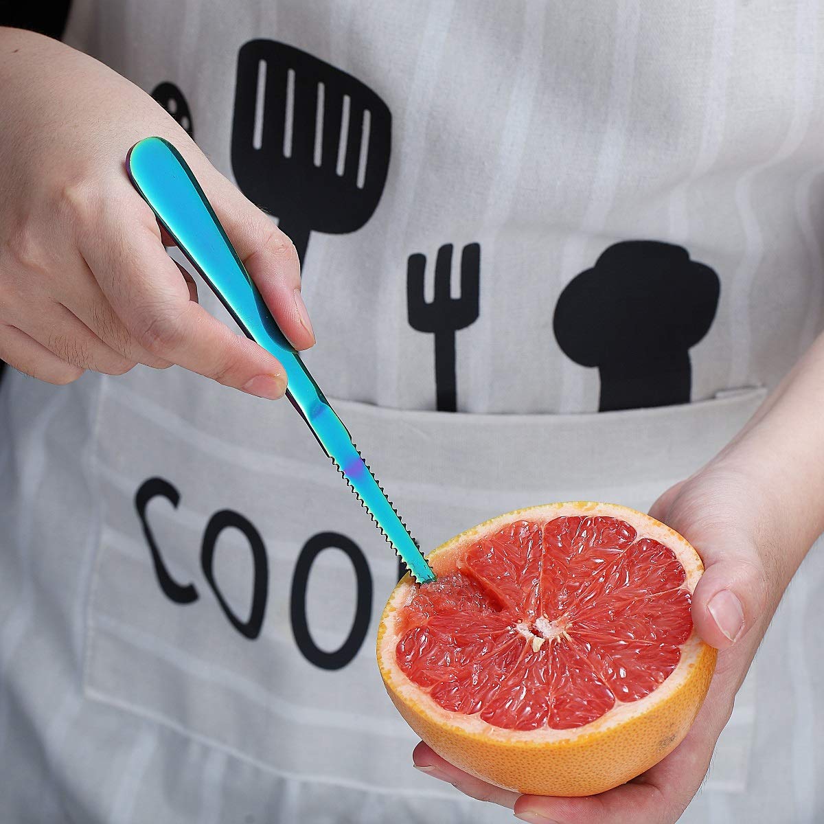 HOMQUEN Rainbow Grapefruit Spoons 3 Pieces Set, 2 Stainless Steel Grapefruit Spoon and 1 Grapefruit Knife with Titanium Plating, Grapefruit Utensil Set, Serrated Edges Spoon Pack of 3 (Rainbow)