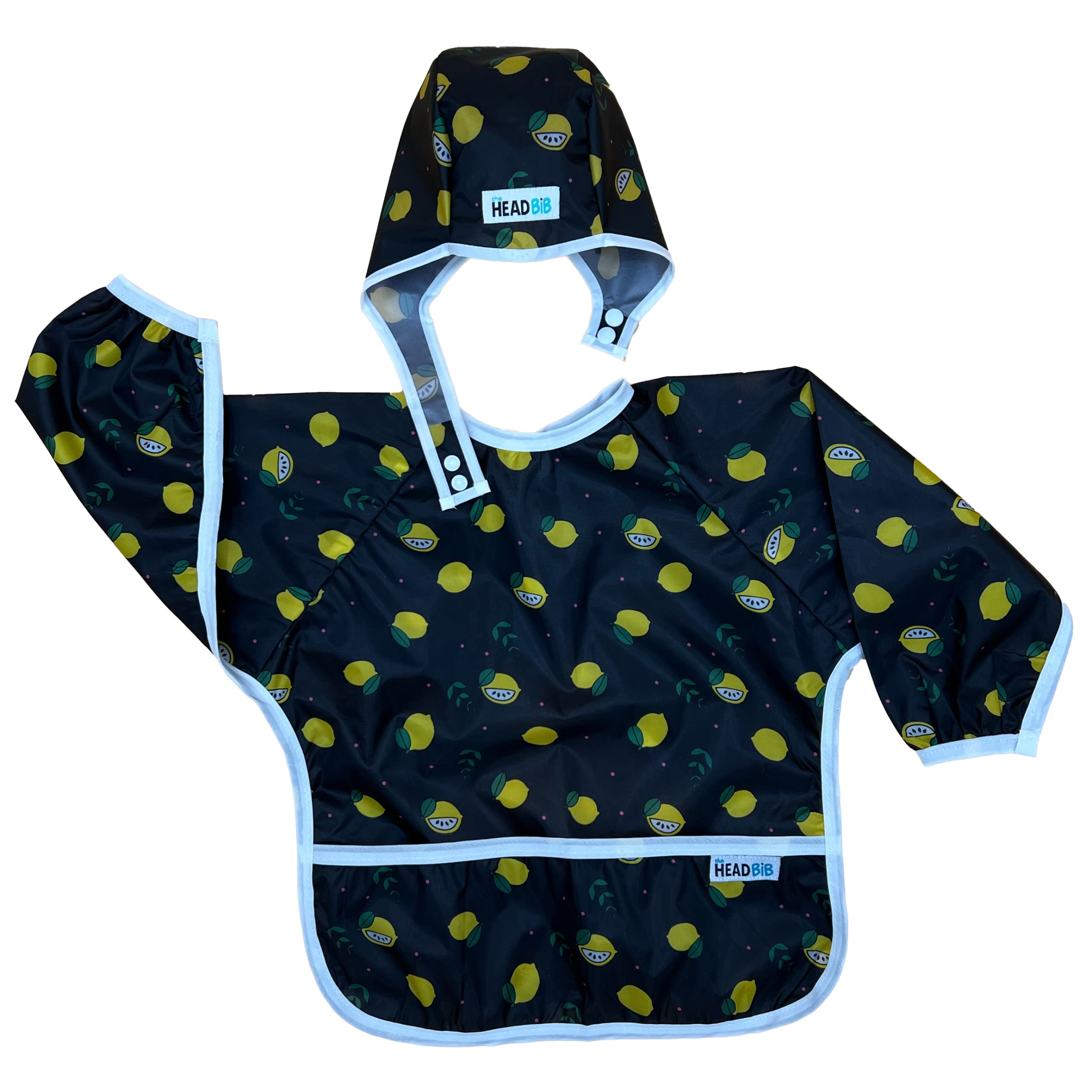 HEADBIB – First Ever Head Bib, Protects Little One’s Hair During Mealtime & Playtime, Waterproof Fabric, For Baby & Toddler (Lemon w/SleeveBiB, Medium (9-12 Months))