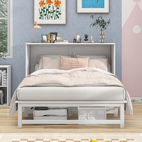 ERYE Size Cube Built-in Charging Station and Shelf, Modern Foldable Murphy Bed for Multipurpose Guest Room or Home Office, No Box Spring Required Easy Assembly, Queen (U.S. Standard), White Queen