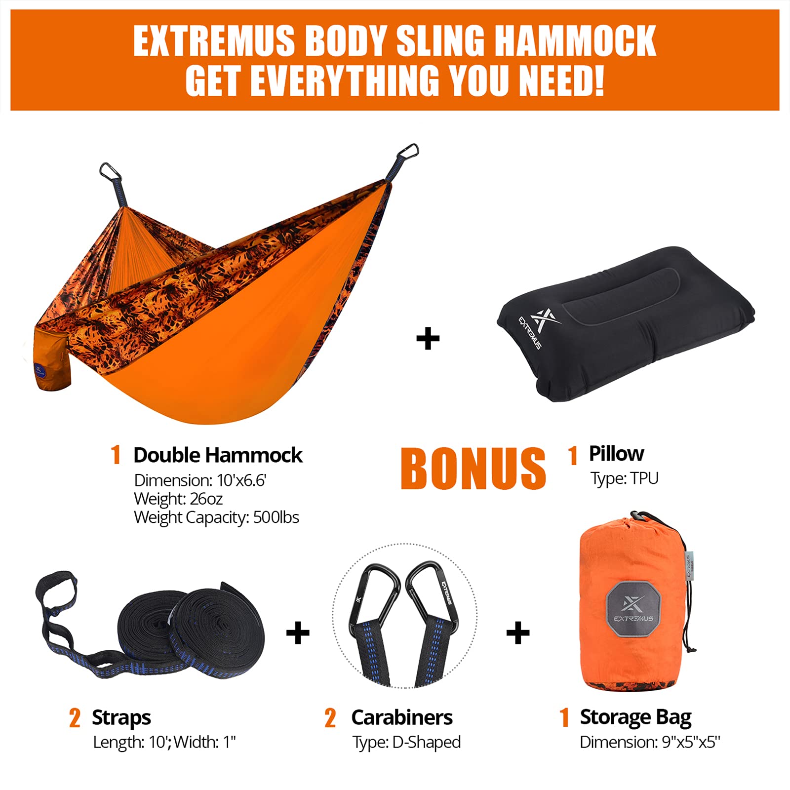 Extremus Double Camping Hammocks, Portable Hammock, Firestorm/Orange, 10ft x 6.6ft