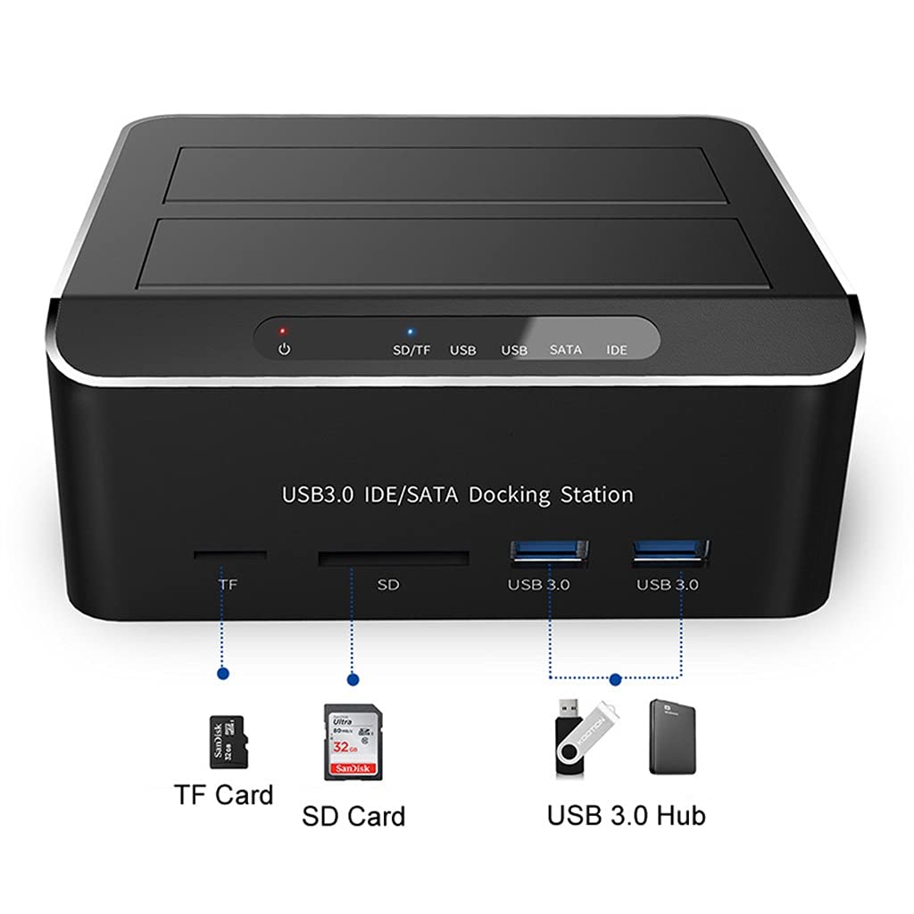 LHLLHL Dual Bay USB 3.0 to SATA IDE External Hard Drive Docking Station with 2-Port Hub Card Reader 2.5/3.5 Inch SATA/IDE HDD