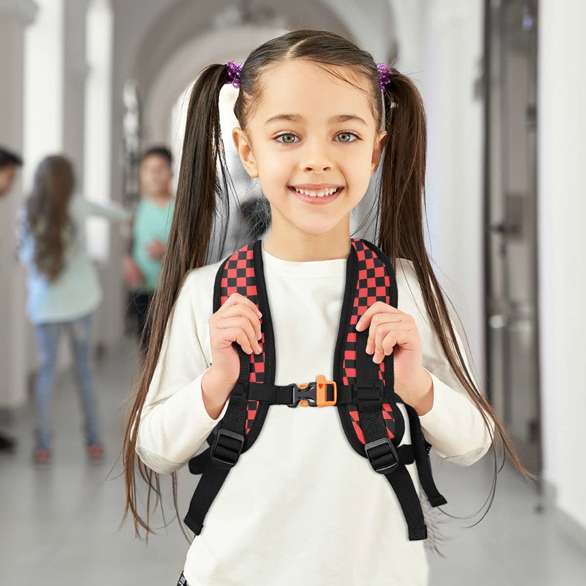 Fisyme Toddler Backpack Black and Red Plaid Checkered School Bag Kids Backpacks for Kindergarten Preschool Nursery Girls Boys, S