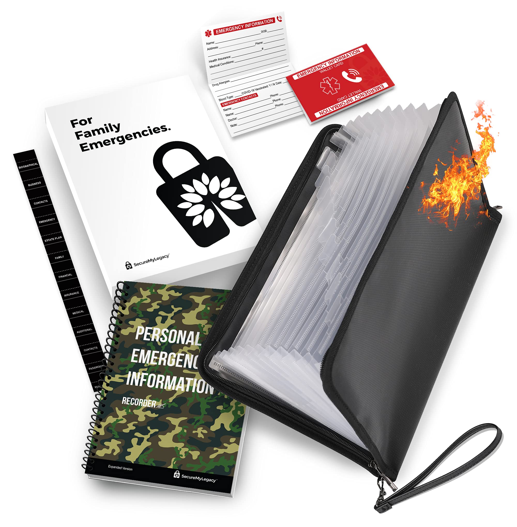 Fireproof & Lockable 13 Pocket File Bag w/ PERSONAL EMERGENCY INFORMATION RECORDER - Family Emergency Workbook (Camouflage) - Record, Organize and Centralize Passwords, Health, Financial, Insurance, Estate Planning Info, Personal Instructions and more