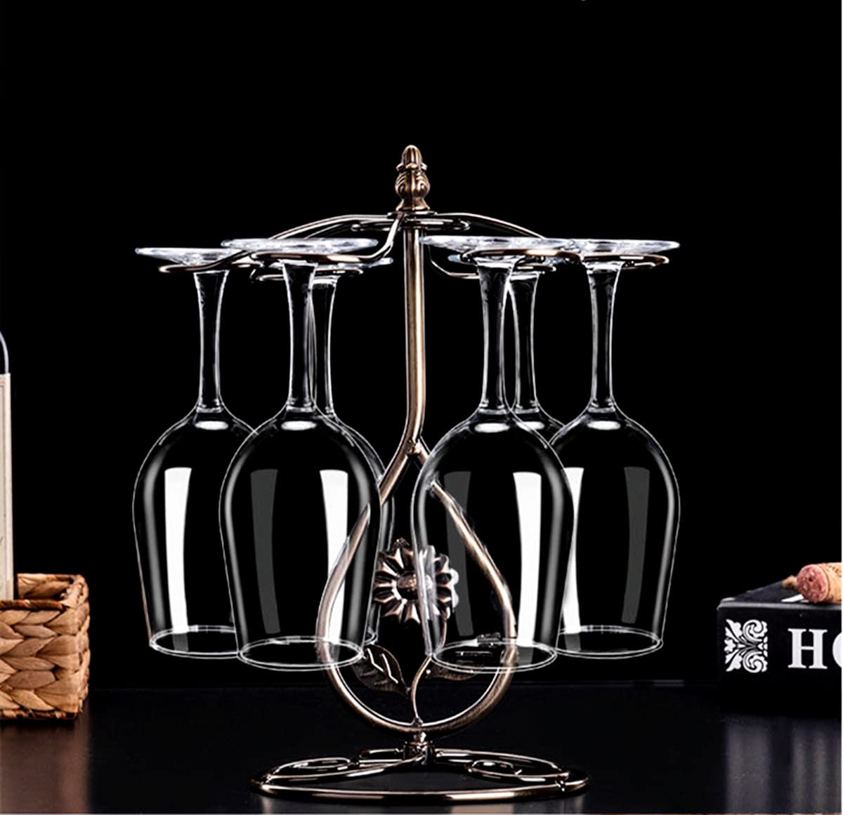 Homya Wine Glass Holder, Elegant Freestanding Table Top Goblet Storage/Wine Glass Holder with 6 Hooks Kitchen Glass Accessories for Home Bar, Bronze