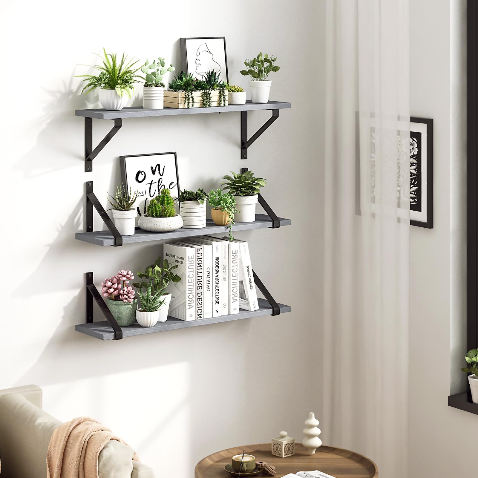 Fixwal Floating Shelves, 36 Inch, Wall Bookshelf, Set of 3, Gray, Large Floating Book Shelves for Wall Decor, Rustic Wood Wall Storage Shelves