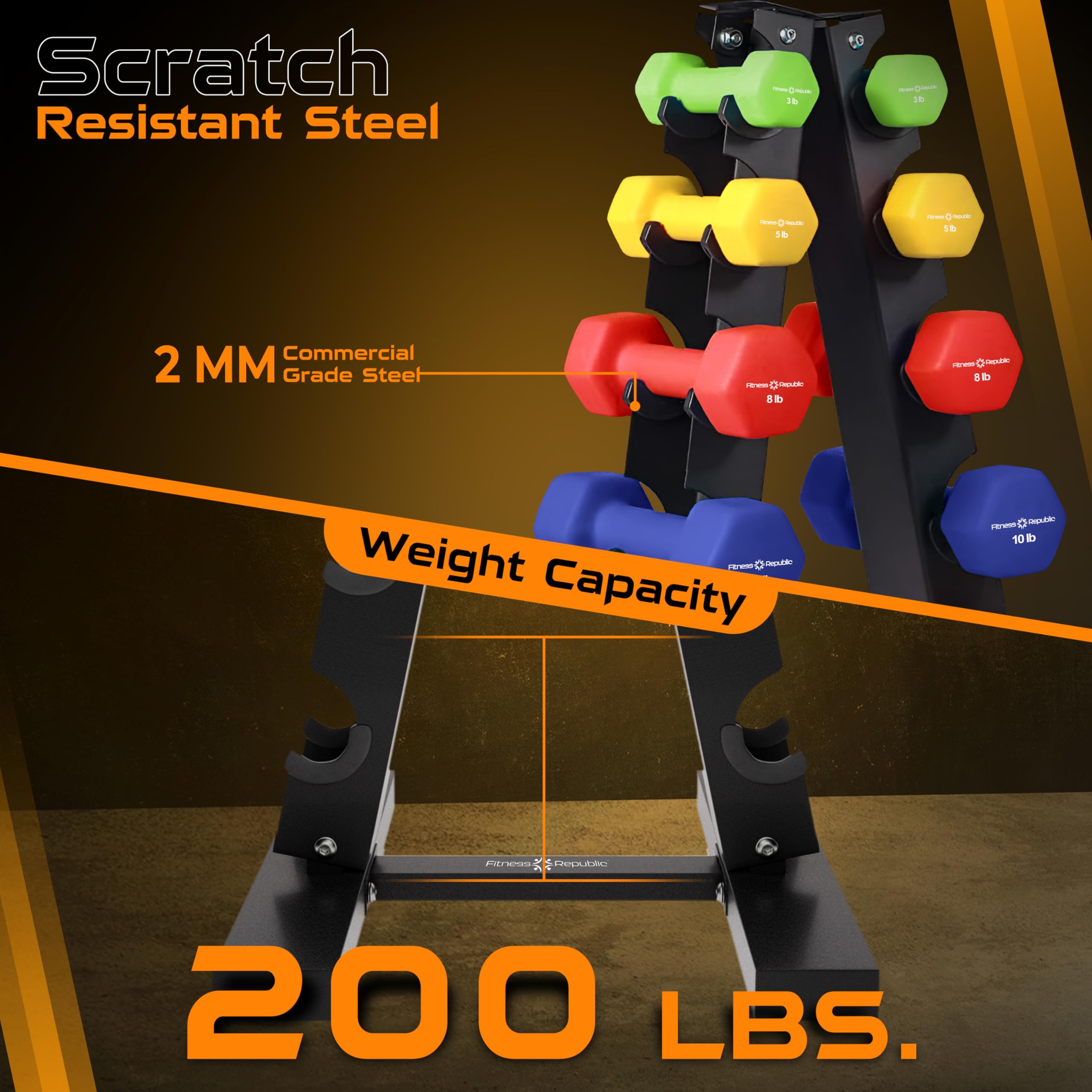 Fitness Republic Solid Steel Dumbbell Rack Holder, A-Frame Dumbbell Storage Racks, dumbbells tower for home gym exercise, Neoprene Dumbbells Pairs (3lb, 5lb, 8lb, 10lb, 12lb) with 5 Tier Rack Combo