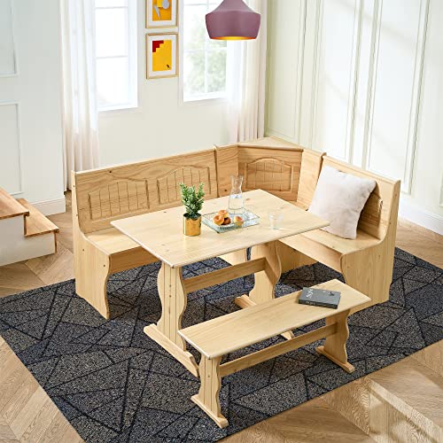 MUSEHOMEINC Traditional Style 3 Piece Solid Wood Breakfast Nook Dining Table Set with Bench, Hidden Storage Nook Table Set for Small Space, Corner Dining Set in Nature Color