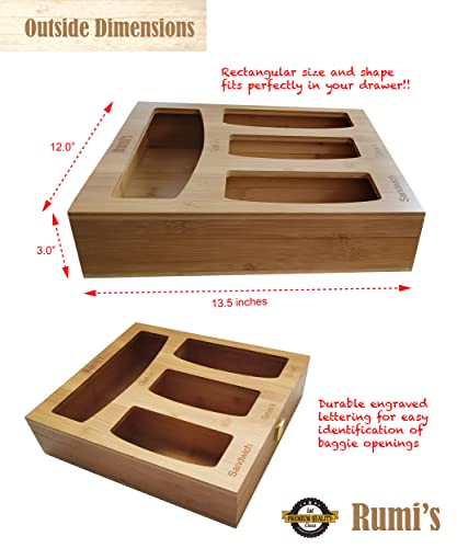 RUMI'S Ziplock Bag Storage Organizer for Drawer Bamboo Gallon, Quart, Sandwich, Great Value, Glad, Hefty Larger & More Practical Size: 13.5'' x 12.0'' x 3.0'' Inches. Golden Yellow 1 1.0 Count