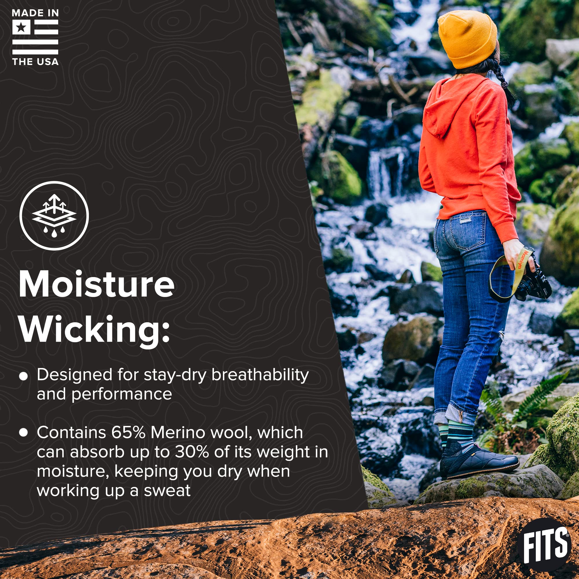 FITS Medium Hiker Crew Sock for Men and Women, Merino Wool, Cushion, Breathable, Odor Resistant, Lightweight Hiking Sock, Coal, Medium