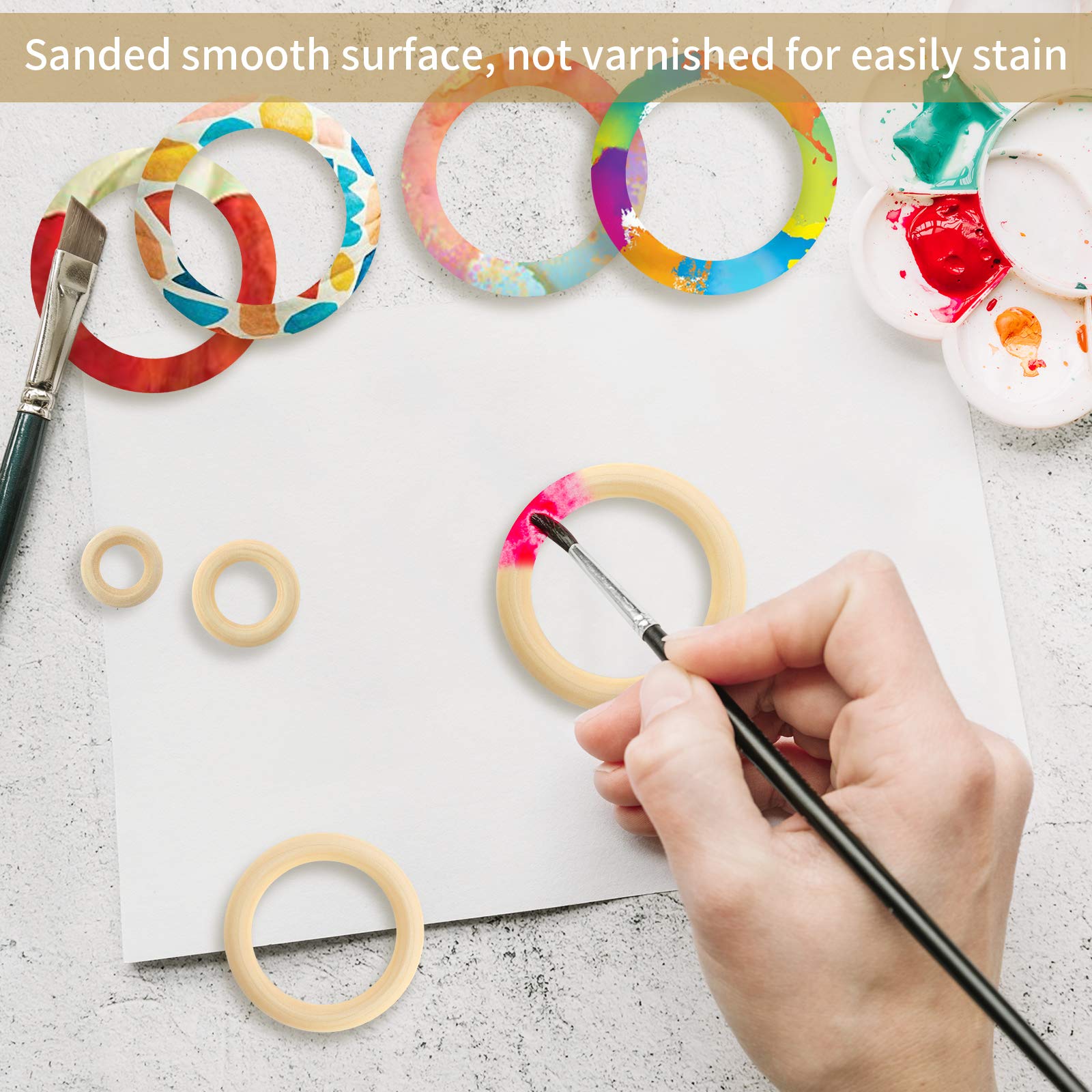 Fuyit 60Pcs Wood Rings, 6 Size Unfinished Solid Natural Wooden Ring Smooth Wood Circles for DIY Crafts, Macrame Decor, Plant Hanger, Toy & Jewelry Making