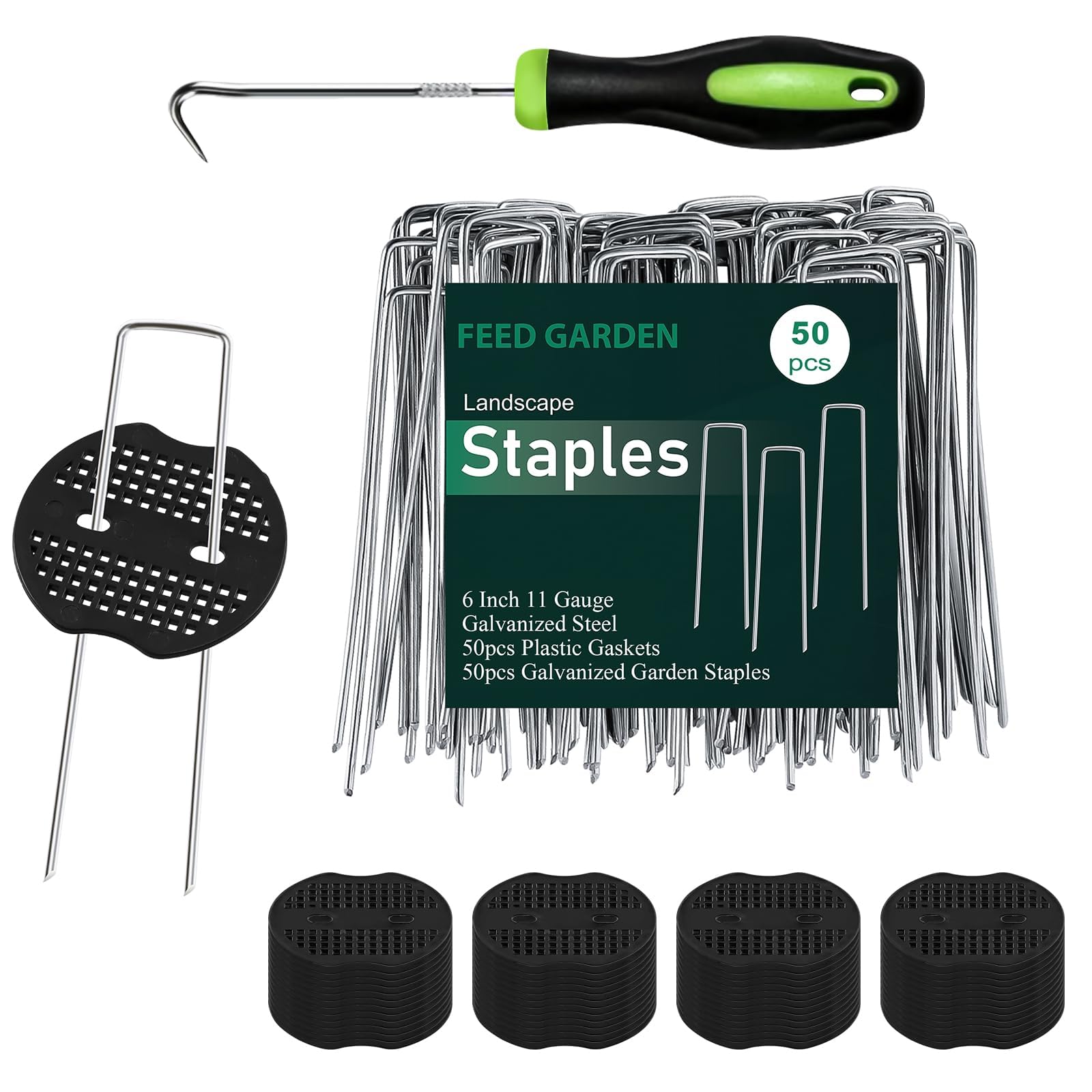 FEED GARDEN 6 Inch 50 Pcs Galvanized Landscape Staples 50 Pcs Gaskets Pick Hook Garden Stakes 11 Gauge Anti-Rust Landscaping Fabric SOD Pins U Shaped Yard Turf Stakes for Weed Barrier Fabric