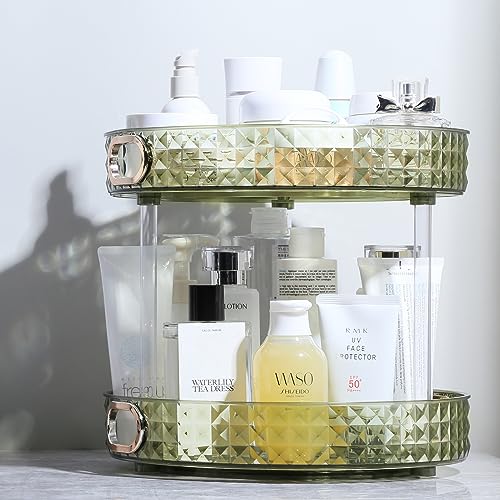 ROWNYEON Rotating Makeup Organizer 2 Tier Skincare Organizers with Handle Bathroom Organizer Perfume Organizer Spinning Cosmetics Organizer for Vanity,Cabinets, Pantry, Fridge, Countertops,Kitchen