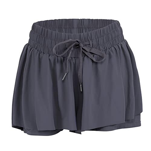 Gleihow Women's 2 in 1 Flowy Running Shorts Athletic Gym Yoga Workout Butterfly Shorts with Pocket Grey