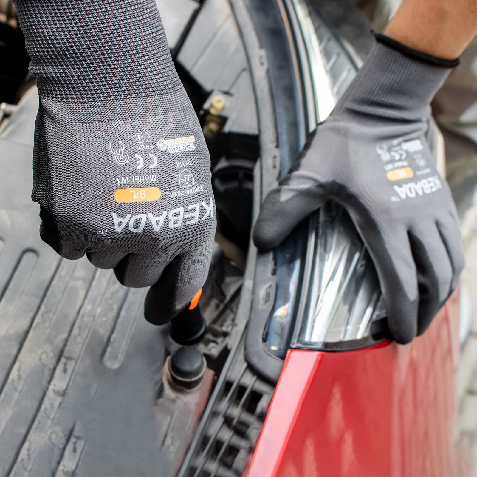 Kebada W1 Work Gloves for Men and Women with Grip,12 Pairs Bulk Pack Mechanic Gloves,PU Coating on Palm & Fingers,Breathable Mens Gardening Touchscreen,Lightweight,Gray Large