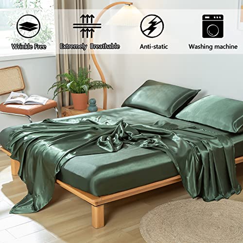 Revdomfly 4 Pcs Luxury Silky Soft Olive Green Satin Sheet Set,1 Premium Moisture Wicking Fitted Sheet Fits Up to 16 Inches Deep Pocket + 1 Flat Sheet + 2 Pillowcases(Olive Green, California King)