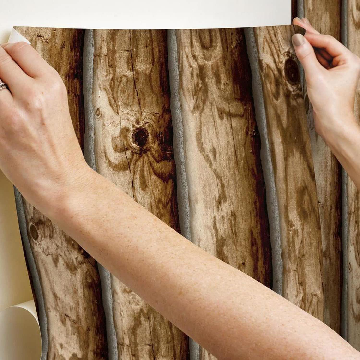 RoomMates RMK11308WP Brown Cabin Logs Peel and Stick Wallpaper