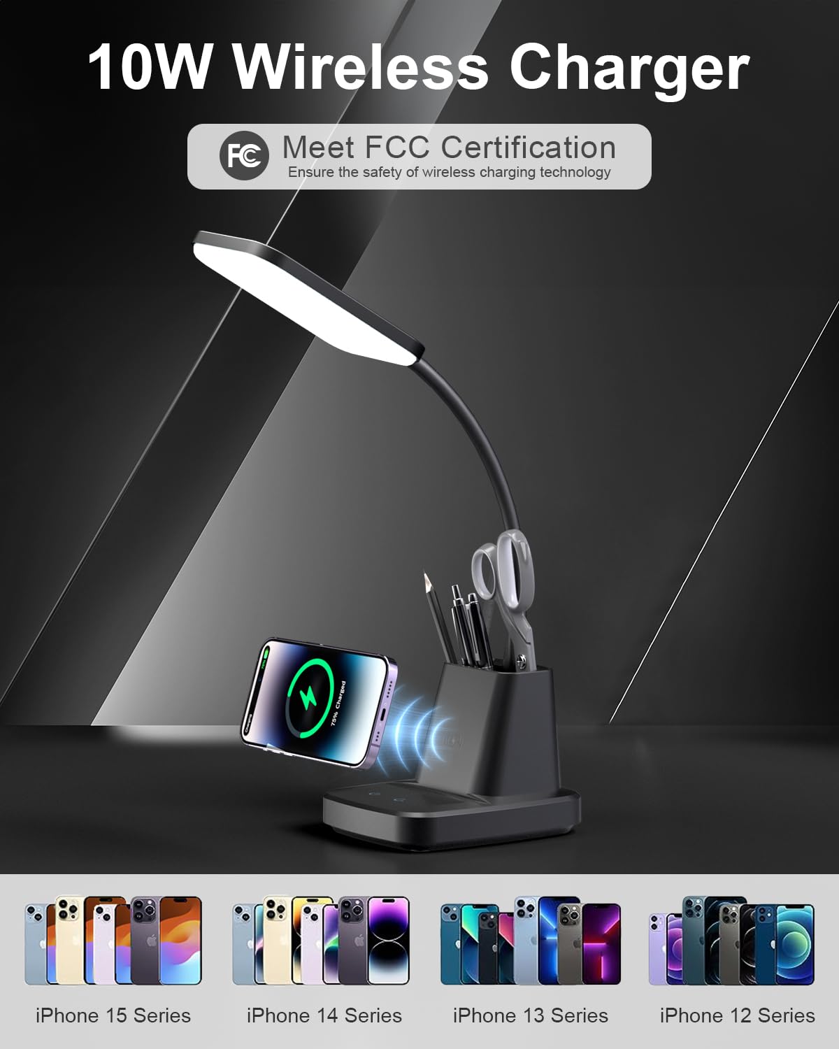 GOLSPARK Desk Lamp with Wireless Charger, LED Desk Lamp for Home Office 3 Color Modes CRI90+ Eye-Caring Reading Light with Pen Holder, Dimmable Gooseneck Touch Control Table Lamp for College Dorm Room