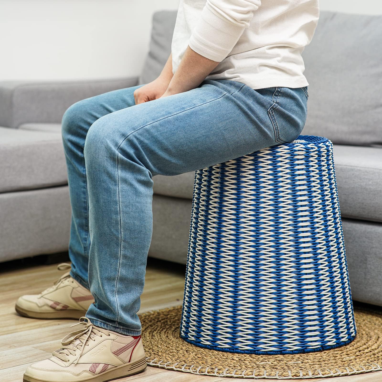DUSVALLY Wicker Stool for Patio & Garden, Decorative Outdoor Woven Wicker Accent Side Table Storage Stool Basket, 18" H Ottoman Footstool for Bedroom Balcony Deck Seat Furniture, Blue