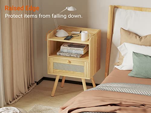 SUPERJARE Nightstands Set of 2, Night Stands with Charging Station & PE Rattan Decor Drawer, Bed Side Tables with Solid Wood Feet, End Table, for Bedroom, Living Room - Natural