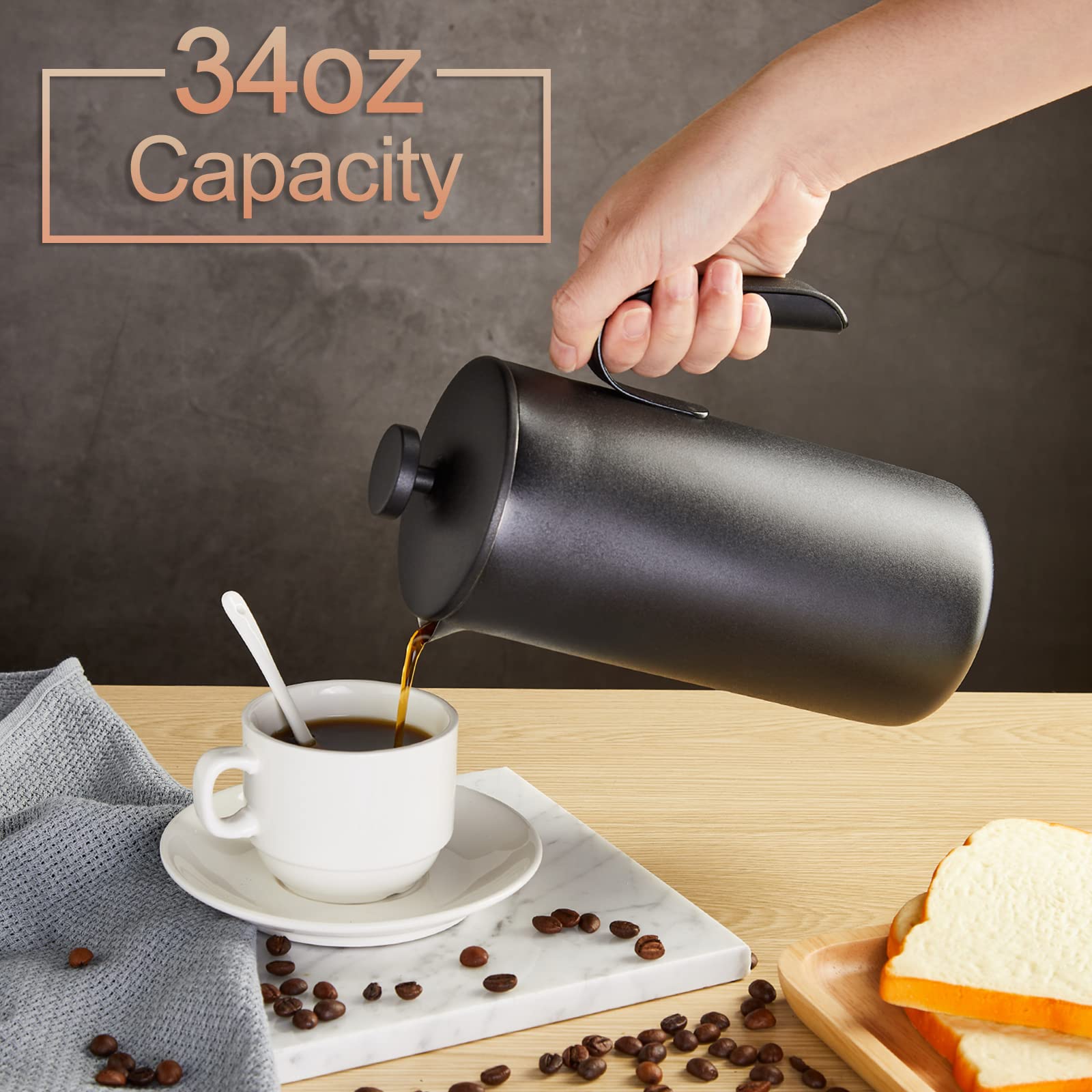 Fityou French Press Coffee Maker, Insulated 304 Grade Stainless Steel Insulated Coffee Press with 4 Level Filtration System, Keep Warm for 8 Hours, 34oz (1 Litre)