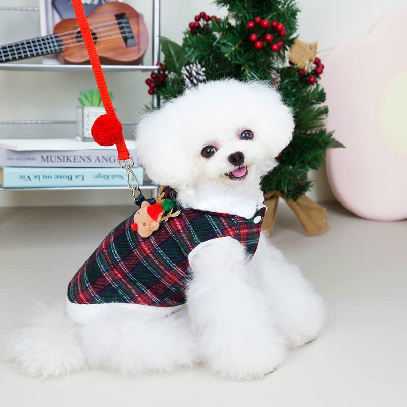 UETZLTB Christmas Dog Jacket Harness and Leash Warm Winter Windproof Puppy Fleece Coat Vest Cute Reindeer Plaid Pet Clothes for Small Medium Dogs Cats