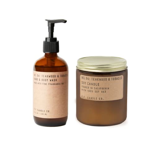 P.F. Candle Co. Teakwood & Tobacco Functional Fragrance Classic Standard Scented Soy Wax Candle (7.2 oz) and Hand & Body Wash (8 fl oz) Bundle Gift Set, Self-Care Package
